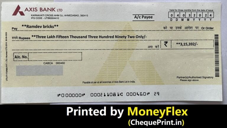 Printed Cheque of Axis Bank (Account Payee) – ChequePrint.in