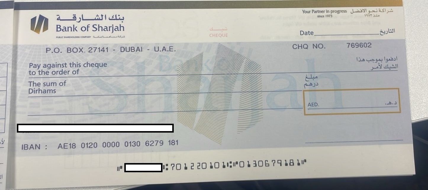 Bank of Sharjah Cheque (Printed Sample Cheque) – ChequePrint.in